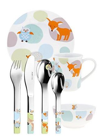 Puresigns WOODY Kindergeschirr Set 7-teilig - Edelstahl & Porzellan mit Waldtier-Motiven in Pastellfarben - Sp&uuml;lmaschinenfest & Mikrowellengeeignet - Ideal f&uuml;r 