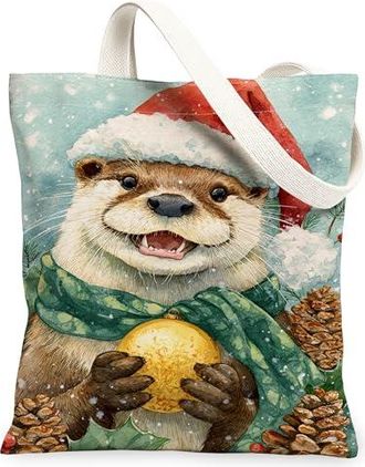 Generic Sacs fourre-tout en toile motif loutre de No&euml;l, sacs d&eacute;picerie r&eacute;utilisables, amusants pour lhiver, l&eacute;gers et lavables, toile pour voyage, plage, piqu
