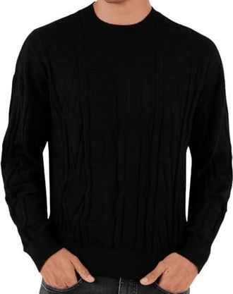 Emporio Armani Pull homme &agrave; manches longues, tissu 100 % laine vierge, col rond, maxi logo incrust&eacute;, avec cou, poignets et ourlet c&ocirc;tel&eacute;s, couleur noire, Emporio Bla