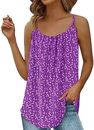 Generic Débardeur léger pour femme - T-shirt floral avec bretelles imprimées - Haut ample - Petite maison, violet, XXL