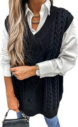 ORANDESIGNE Femmes Col en V sans Manches Couleur Unie à Carreaux en Tricot Gilet Tricots Décontracté en Tricot Débardeur Pull Filles Hiver Automne Style Preppy Ar