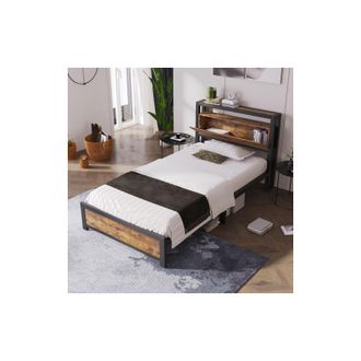 Liberte Lit simple en m&eacute;tal dadolescent 90 x 200 cm avec t&ecirc;te de lit avec rangement et sommier &agrave; lattes, Cadre de lit en m&eacute;tal et bois, noir