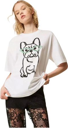 Twinset Femme, Tops, Blanc, Taille: 38 FR Myfo T-shirt Oversize avec Imprim&eacute; et Broderie