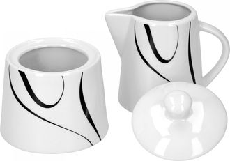 Van Well Galaxy 2-TLG. Set Zuckerdose mit Deckel, Ø 95 mm + Milchkännchen, 220 ml, Liniendekor edles Marken-Porzellan