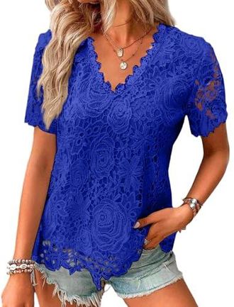 Generic T-shirt en dentelle pour femme - &Eacute;l&eacute;gant - Col en V - Manches courtes - Haut en dentelle confortable - T-shirt basique - Vacances - Tunique - D&eacute;contra