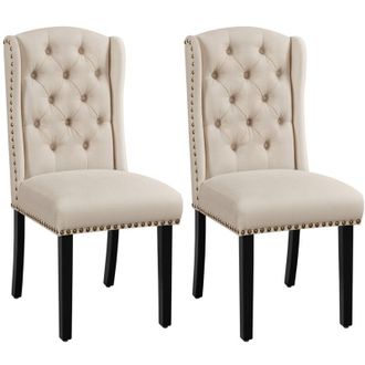 Yaheetech Lot de 2 Chaises de Salle &agrave; Manger en Tissu Effet Lin Design Classique Boutonn&eacute; Ensemble de Chaises de Cuisine Rembourr&eacute;es avec Pieds en Bois Massif