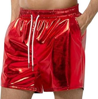 Generic Short métallique pour homme 12,7 cm avec taille élastique et cordon de serrage brillant tenue holographique disco short, Rouge, L