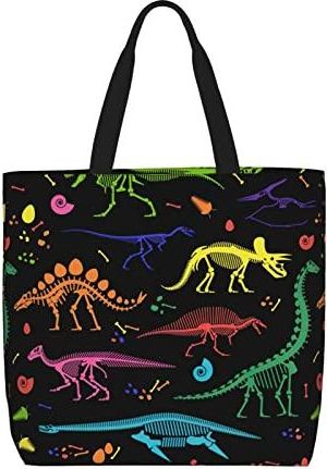 Generic Sac Fourre-Tout Motif De Squelette De Dinosaure Noir Et Blanc Sac &Agrave; Bandouli&egrave;re En Toile Avec Poign&eacute;es R&eacute;utilisable Sacs &Agrave; Main, Pour Burea, &Eacute;cole, Vo
