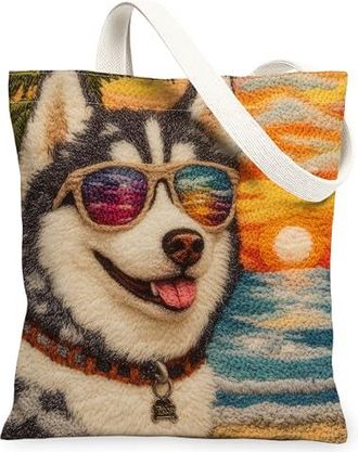 Generic Summer Alaskan Malamutes Sac fourre-tout en toile pour faire du shopping, 33 x 38,1 cm, sac r&eacute;utilisable &agrave; motif imprim&eacute; de chiot c&ocirc;tier pour femme, p