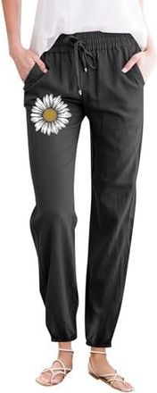 Generic Pantalon en coton et lin pour femme - Jambe large - Pantalon de plage d&eacute;t&eacute; pour femme - Confortable - Pantalon de yoga Palazzo XIYU26032, Noir, XXL