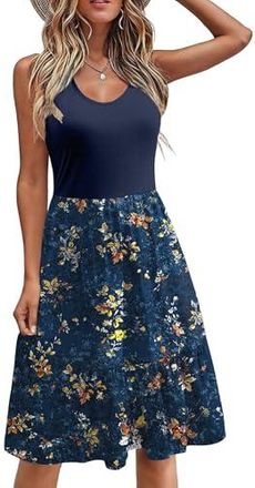 Zeagoo Robe Femme Chic et Elegant Robes dété Fluide Grande Taille Robe de Plage Ample Swing Décontractée Tunique Bleu Marine M