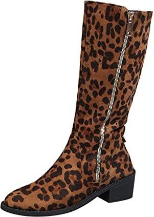 Generic Bottes Longues Pointues pour Femme en Daim Imprim&eacute; L&eacute;opard avec Fermeture &Eacute;clair Lat&eacute;rale et Talon &Eacute;pais Mode &Eacute;l&eacute;gante (Brown, 37)