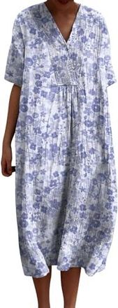 FNKDOR Robes Femme Vintage Couleur Unie Robes Midi Casual Col en V F&ecirc;ter Robe de Vacances &agrave; la Plage Mi-Longue Robes D&eacute;t&eacute; &agrave; Manches Courtes Grande Taille Amp