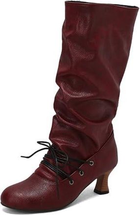 Generic Bottes Cuissardes Style Vintage Femme Fermeture Lat&eacute;rale Simili Cuir Design D&eacute;lav&eacute; Lacets Devant avec Talon Kitten Chaussures &Eacute;l&eacute;gantes de Soir&eacute;e,Burg