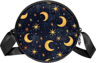 Generic Petit sac &agrave; bandouli&egrave;re rond pour femme, motif &eacute;toile et lune avec fermeture &eacute;clair et bretelles r&eacute;glables