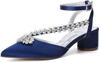 Generic Chaussures De Mariage Femmes Bloc Chunky Talon Heel Bout Pointu Hauts Talons Slingback Mariée Party Dress Chaussures 6Cm,Dark Blue,40 EU