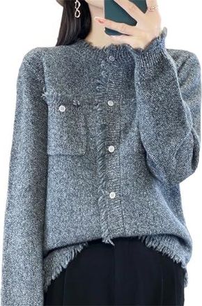 Generic Cardigan en laine m&eacute;rinos pour femme avec col rond et pampilles, Gris fonc&eacute; 9., XXL