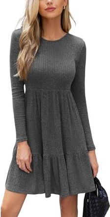 Cupshe Robe dautomne 2024 décontractée à col rond et manches longues en tricot à volants et coupe trapèze, gris foncé, Taille L