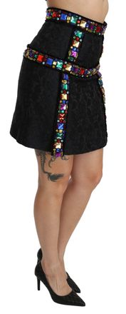 Dolce & Gabbana Womens Black Crystal Embellished High Waist Skirt Polyester Silk Acrylic