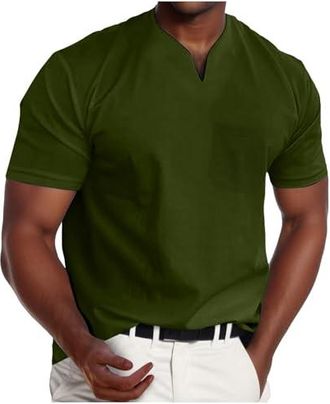 Generic T-shirt pour homme avec col en V, coupe ajust&eacute;e, manches courtes, t-shirt d&eacute;contract&eacute; avec poche, Vert arm&eacute;e., XXL