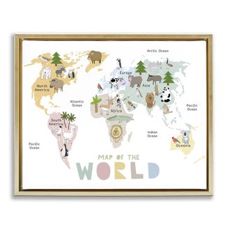 Stupell Industries Map Of World Leinwandbild, Motiv: Pastelltiere, gerahmt, Design von Carla Daly, 63 x 78 cm, Schwarz