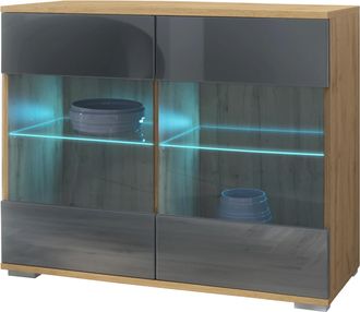 Vladon Kommode Bari V3, Moderner Küchenschrank mit 2 großen Glastüren inkl. RGB Beleuchtung Eiche Evoke/Grau Hochglanz (92,5 x 75.5 x 35)