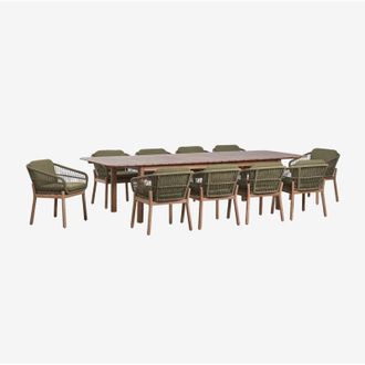 Sklum Set aus rechteckigem Tisch 250-310x105 cm ausziehbar Duala und 10 Gartenst&uuml;hle aus Akazienholz und geflochtener Schnur Karvia Akazie Braun