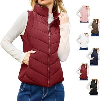 Generic Gilet bouffant sans manches avec fermeture &eacute;clair pour femme - Doudoune confortable sans encombrement, Rouge, XXL