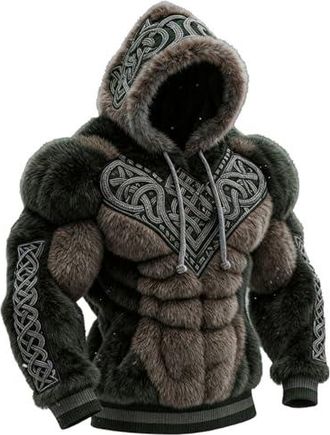 Generic Sweat &agrave; capuche de No&euml;l moche pour homme en peluche douce, motif muscl&eacute; en flanelle sherpa chaud avec poignets c&ocirc;tel&eacute;s dr&ocirc;le fantaisie mode vacances f