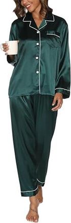 Generic Pyjama 2 pi&egrave;ces en soie pour femme, pyjama 2 pi&egrave;ces en soie &agrave; manches longues, v&ecirc;tement de nuit confortable, pyjama soyeux, vert fonc&eacute;, XXL