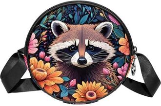 Generic Petit sac &agrave; bandouli&egrave;re circulaire pour femme, motif raton laveur avec fermeture &eacute;clair, bretelles r&eacute;glables, sac &agrave; main rond d&eacute;contract&eacute; pour femmes 