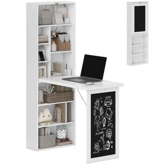 HOMCOM Schreibtisch Esstisch klappbar mit 6 F&auml;cher B&uuml;cherregal mit 3 Regale Computertisch B&uuml;rotisch E1 Spanplatte Metallrahmen Wei&szlig; 98 x 51 x 153 cm