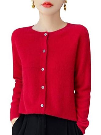 ORANDESIGNE Gilet Femme Chic et Elegant Gilet Court Col Rond Gilets Manches Longues Cardigan Laine Mi-Saison A Bordeaux XS