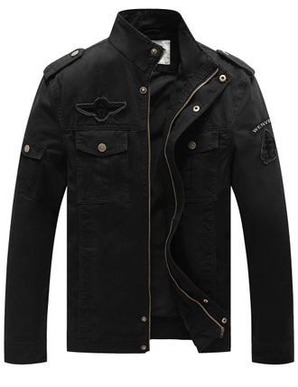 WenVen Herren Klassisch Military Jacke Stehkragen &Uuml;bergangsjacke Milit&auml;rfracht Lodenjacke Cargo Rei&szlig;verschluss M&auml;ntel Schwarz L