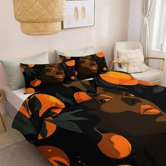 Generic Housse de Couette Imprimer Noir 220 x 240 cm, Parure de Lit R&eacute;versible Anime Plantes Oranges Fille Housse de Couette Enfants Gar&ccedil;ons Filles Adolescent