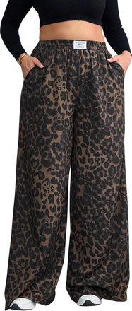 SOLY HUX Damen Leoprint Hose Gro&szlig;e Gr&ouml;&szlig;en Weite Hosen Y2K Freizeithose Geradehose Lang Streatwear Casualhose mit Hohe Elastischer Bund Leoparden 0XL