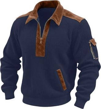 Generic Sweat-shirt pour homme sans capuche - Pull &agrave; revers - Demi-fermeture &eacute;clair - T-shirt &agrave; manches longues - R&eacute;tro - En velours c&ocirc;tel&eacute; - Doux - Coupe dro