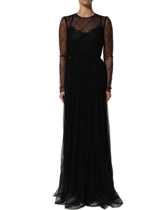 Dolce & Gabbana Womens Mesh Lace Long-Sleeved Maxi Dress Black Polyester
