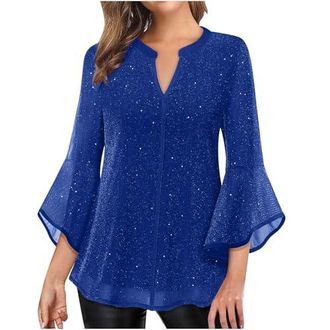 Generic Nidddiv Chemisier &eacute;l&eacute;gant pour femme - Manches 3/4 &agrave; volants - Tunique &agrave; paillettes - Col en V - Maille - Haut festif - Haut flowy ample - T-shirt lon
