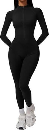 Generic Combinaison De Yoga Femme pour lhiver Manches Longues Col Roul&eacute; avec Fermeture &Eacute;clair Rembourr&eacute;e Polaire pour Running Et Gym(Black, XL)