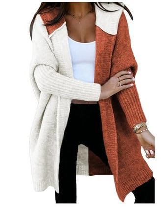 Generic Tenues dautomne 2025 pour femmes, ouvert sur le devant, manches longues &agrave; capuche, cardigan en tricot &eacute;pais, tricot bloc de couleurs, Blanc/orange., X