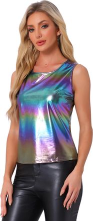 Allegra K Damen Metallic Top Glitzer Oberteile Top U Neck Party Tank &Auml;rmellos Elegant Bluse Oberteil Blau Mehrfarbig M