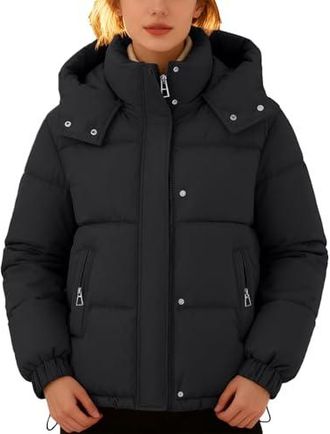 Generic Manteau dhiver rembourré avec capuche pour femme - Veste matelassée courte surdimensionnée avec fermeture éclair et bouton - Veste isolante épaisse et