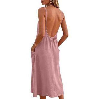 Generic Robe d&eacute;t&eacute; l&eacute;g&egrave;re mi-longue &agrave; bretelles spaghetti et dos profond pour femme, robe trap&egrave;ze d&eacute;contract&eacute;e boh&egrave;me pour femme, en coton doux, sans manches, 