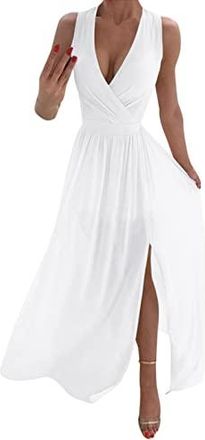 Generic Robe chemisier pour femme - Robe sexy - Col en V - Robe d&eacute;t&eacute; d&eacute;contract&eacute;e - Ligne A - Robe de soir&eacute;e longue et &eacute;l&eacute;gante, Blanc., M