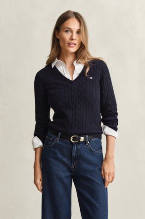 GANT Damen V-Neck Pullover mit Zopfmuster (XXXL) EVENING Blau
