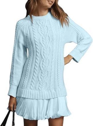 Generic Robe pull en laine tricot&eacute;e torsad&eacute;e pour femme - Mini mousseline de soie - Ourlet &agrave; volants - Manches longues - Col rond - Pour lhiver - Chaud - Pour