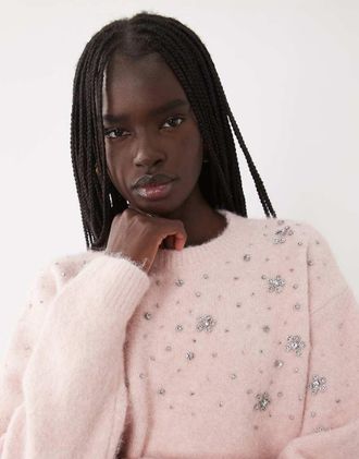Miss Selfridge verzierter Pullover mit Blumenperlen in Pink-Rosa