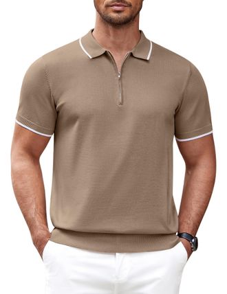 Coofandy Poloshirt Herren Kurzarm Sommer Polohemd mit Rei&szlig;verschluss Strick Polo T-Shirt Casual Golf Shirts Khaki XXL