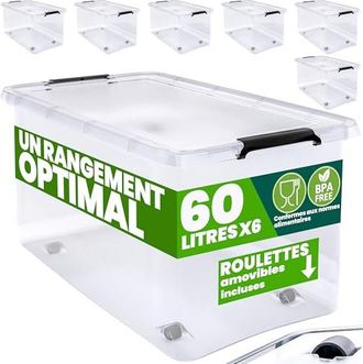 Deuba 6X Bo&icirc;te de Rangement 60L en Plastique Transparent empilable sans BPA Gain de Place Caisse de Rangement roulettes